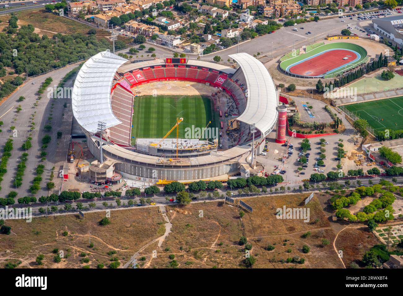 Aerial view, soccer stadium Estadi Mallorca Son Moix, construction site ...