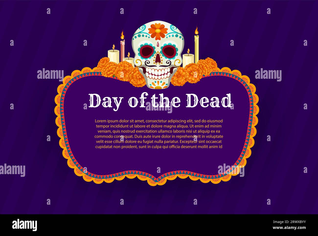 Day of the Dead frame with calavera skull and marigold flowers. Dia De ...