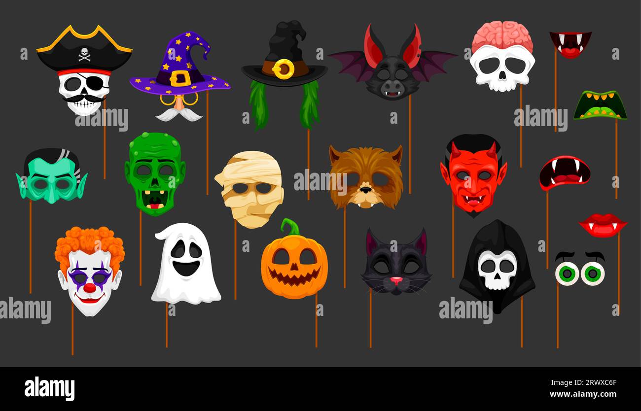 Halloween photo booth masks and props, isolated cartoon vector faces ...