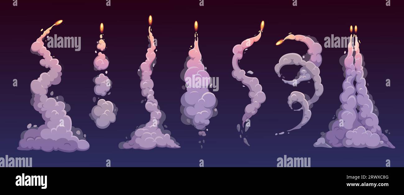 Cartoon rocket smoke trail clouds in sky or spaceship launch vector ...