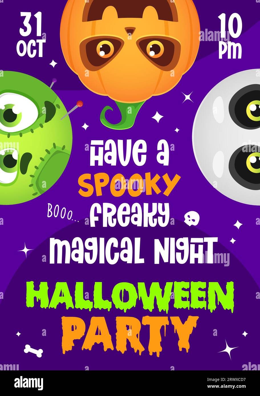 Halloween party flyer with cartoon holiday monster heads. Vector ...