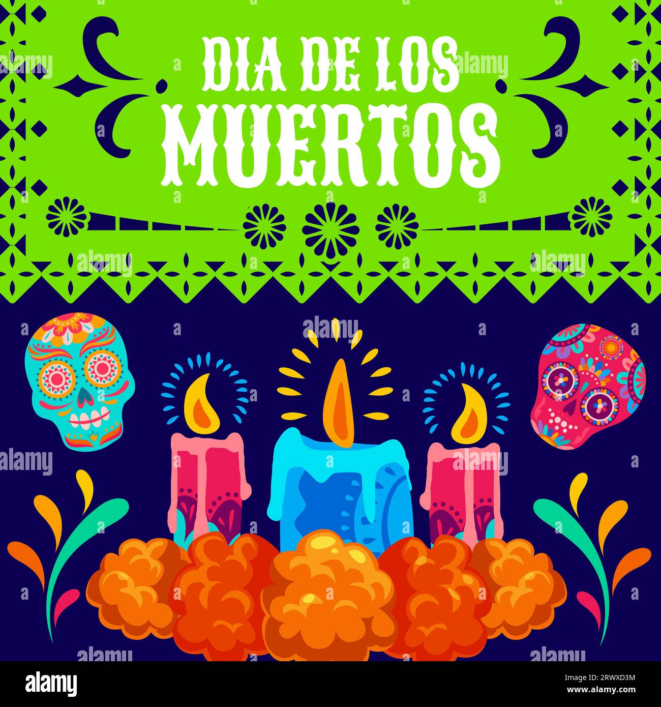 Day of the Dead mexican holiday papel picado paper cut banner. Dia de ...