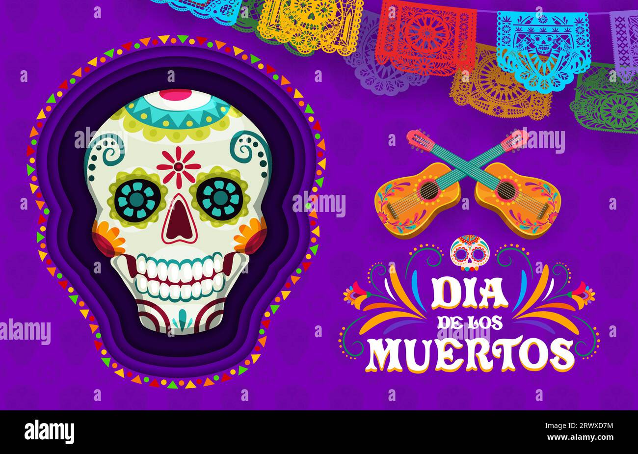 Day of the Dead Dia De Los Muertos paper cut banner with calavera skull ...