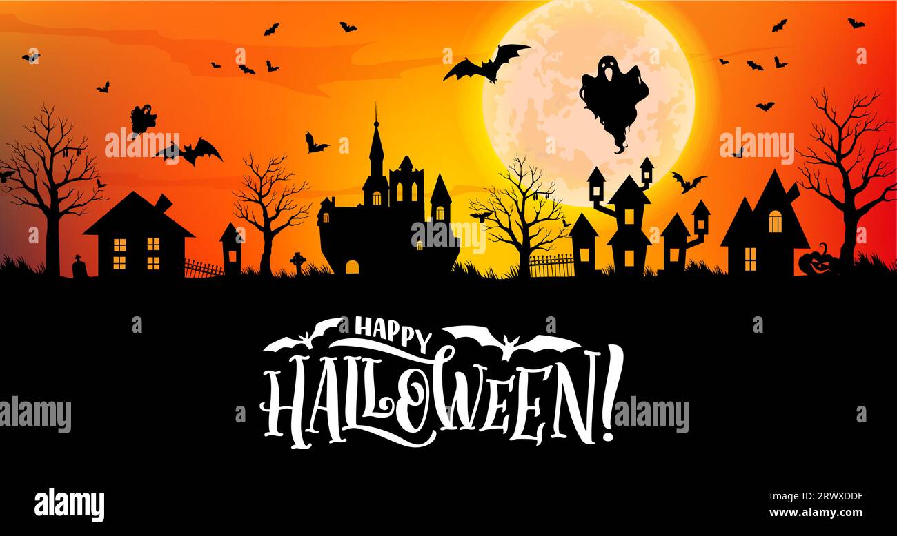 Halloween town silhouette. Vector banner with moonlit creepy cityscape ...