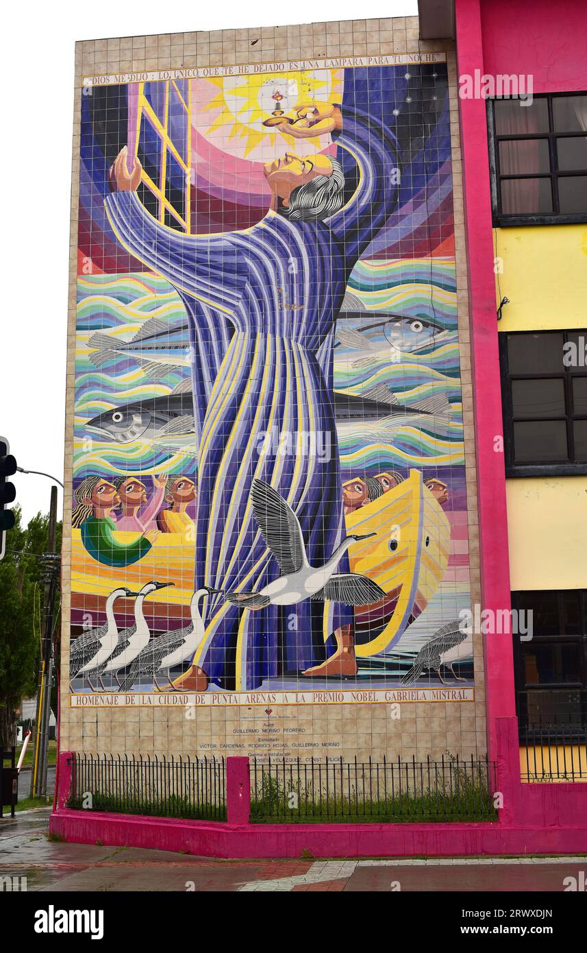 Punta Arenas city, mosaic in homage to Gabriela Mistral (Nobel Prize ...