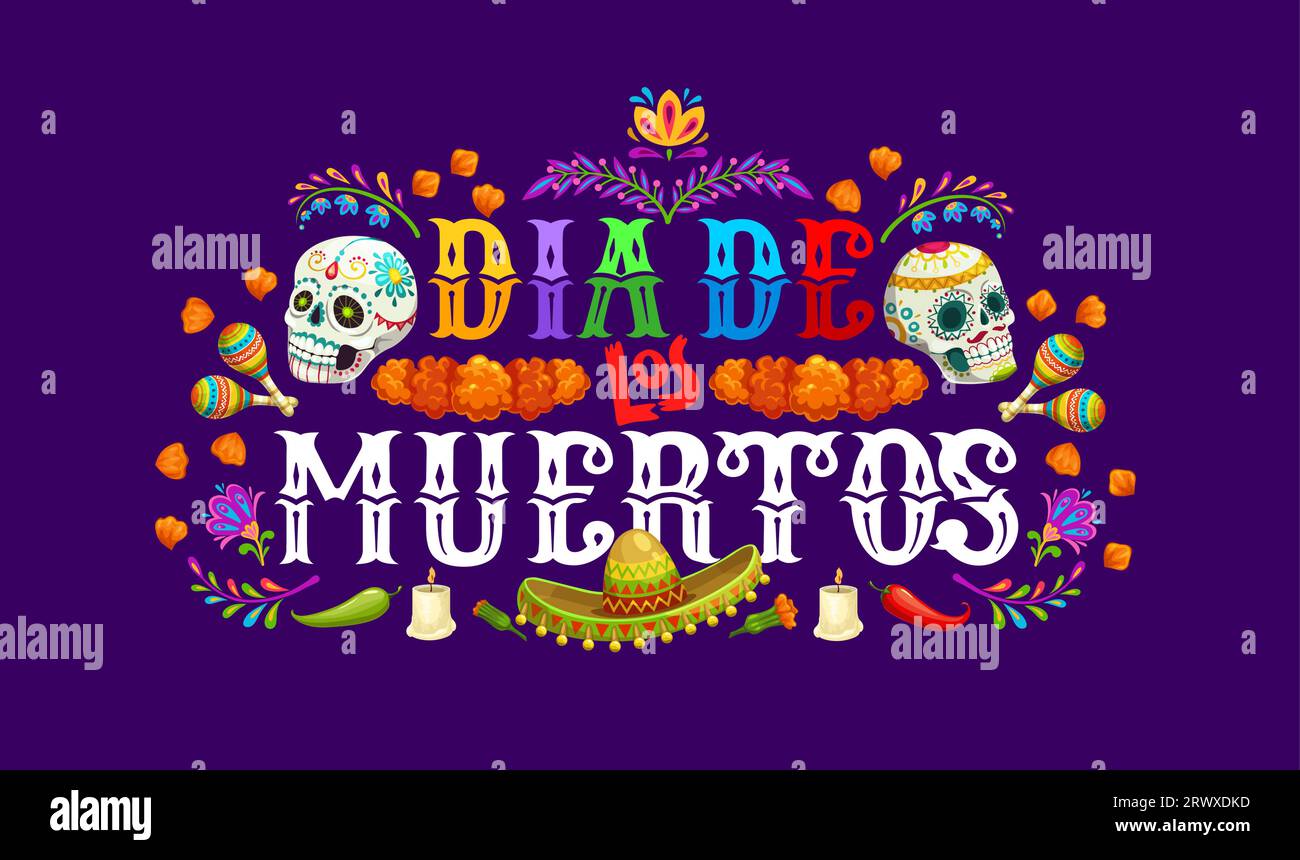 Day of the Dead Dia De Los Muertos mexican holiday banner with marigold flowers, sugar skulls ...