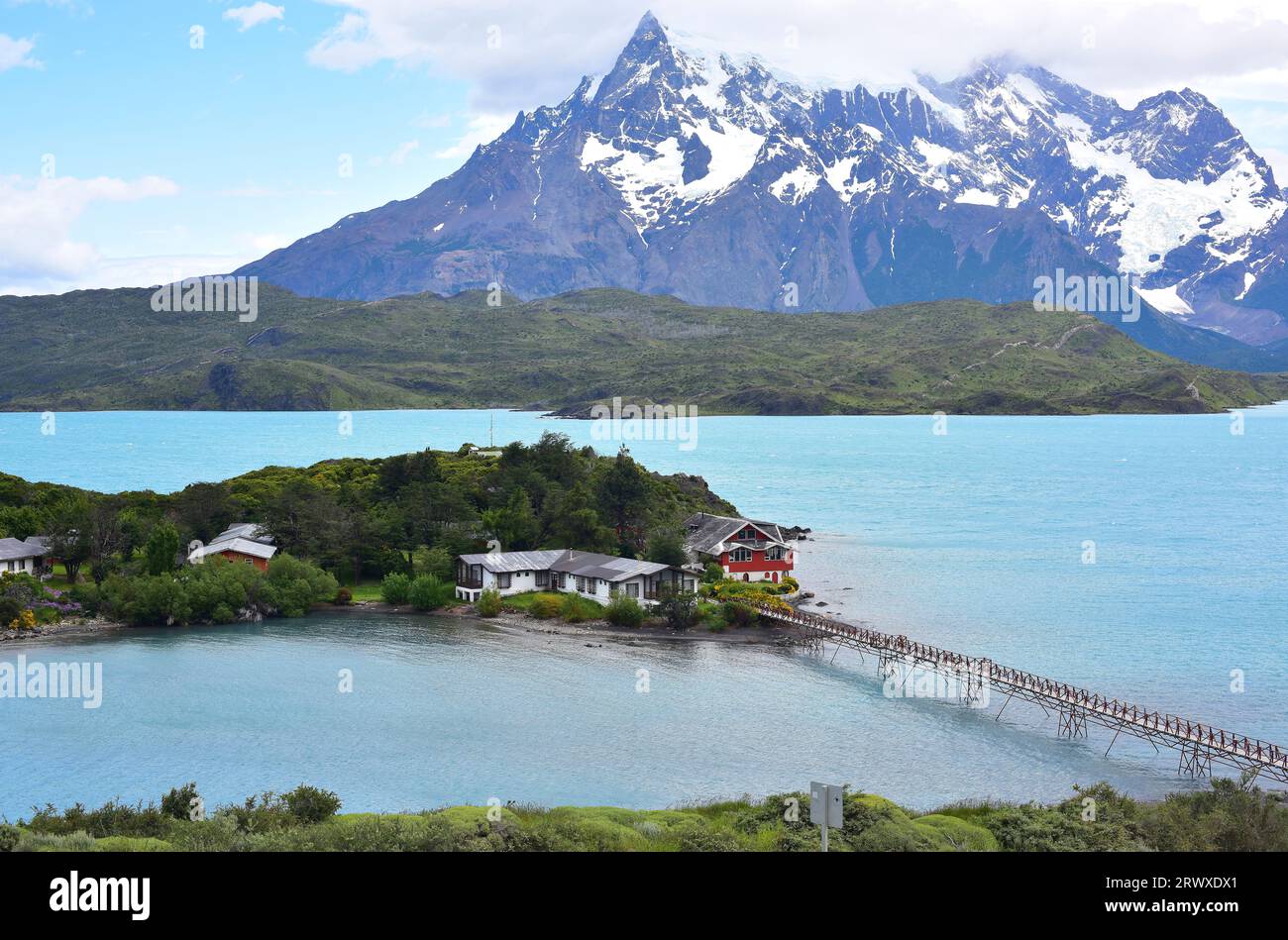 Torres del Paine National Park from Lago Pehoe. Little island with ...