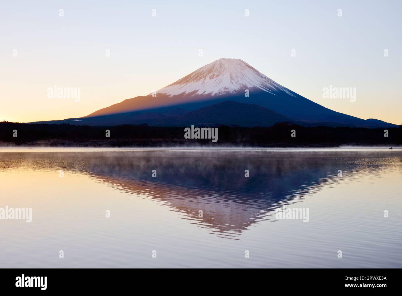 Mt. Fuji at dawn and Mt. Fuji upside down from Lake Shojiko with a ...