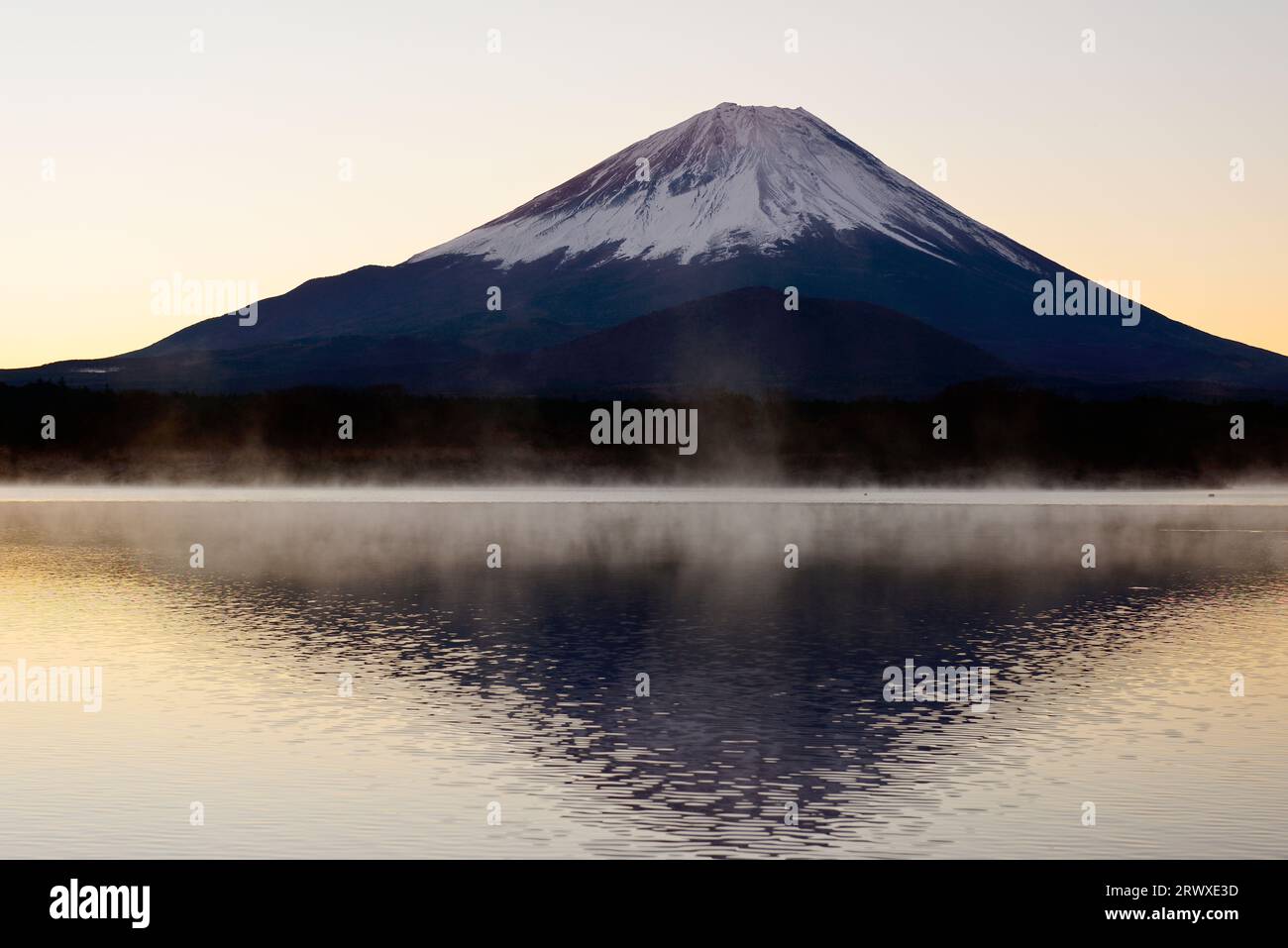 Mt. Fuji at dawn and Mt. Fuji upside down from Lake Shojiko with a ...