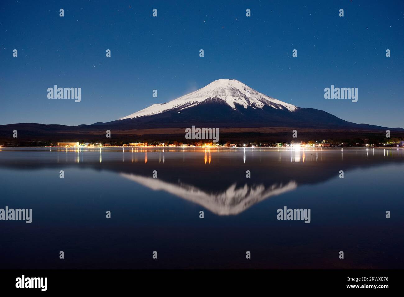 Mt. Fuji at night under the moonlight and upside down Mt. Fuji from ...