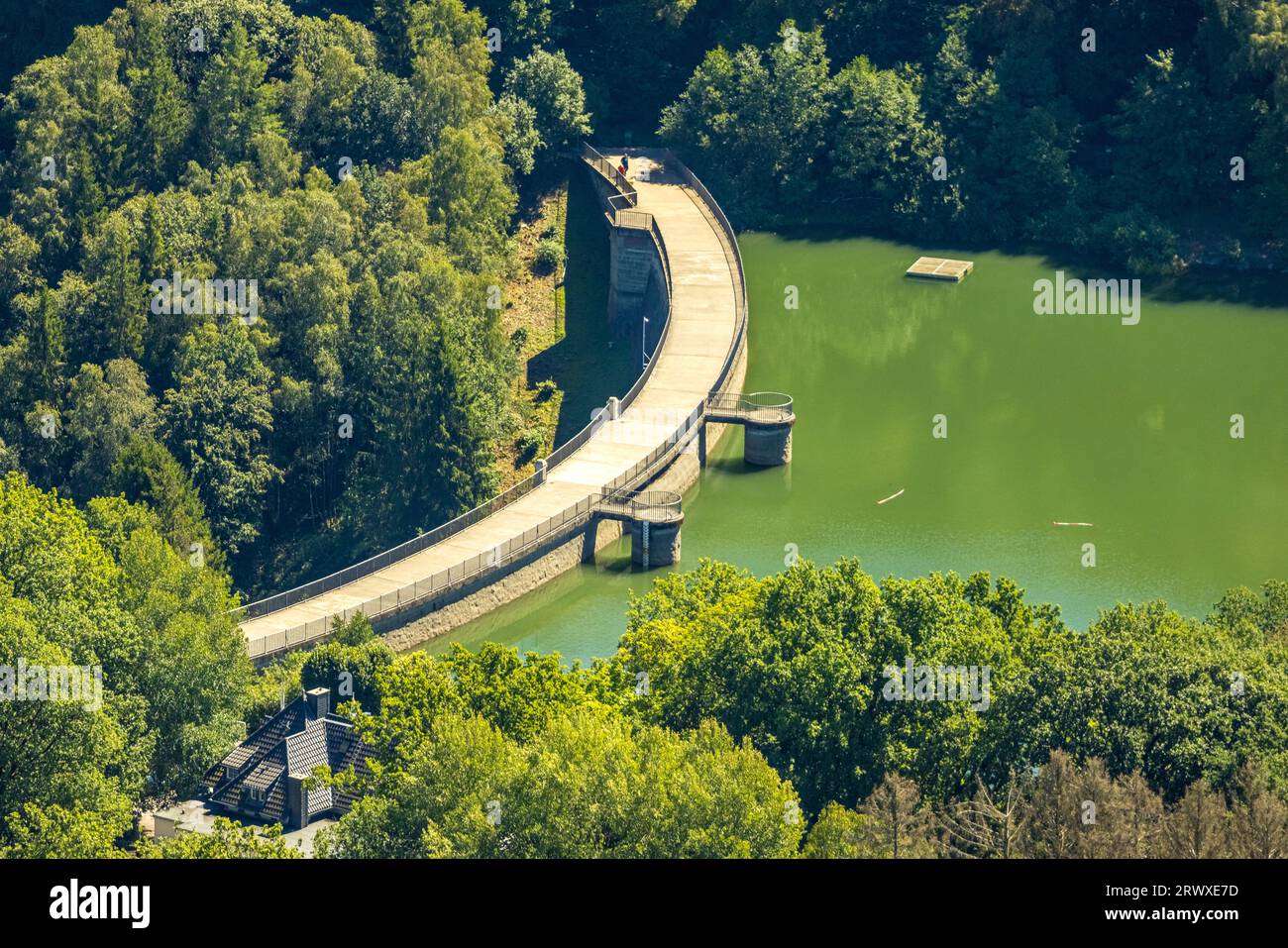 Aerial view, dam wall of Glörtalsperre, Loh, Breckerfeld, Ruhr area ...