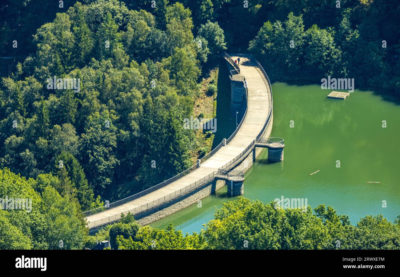 Aerial view, dam wall of Glörtalsperre, Loh, Breckerfeld, Ruhr area ...