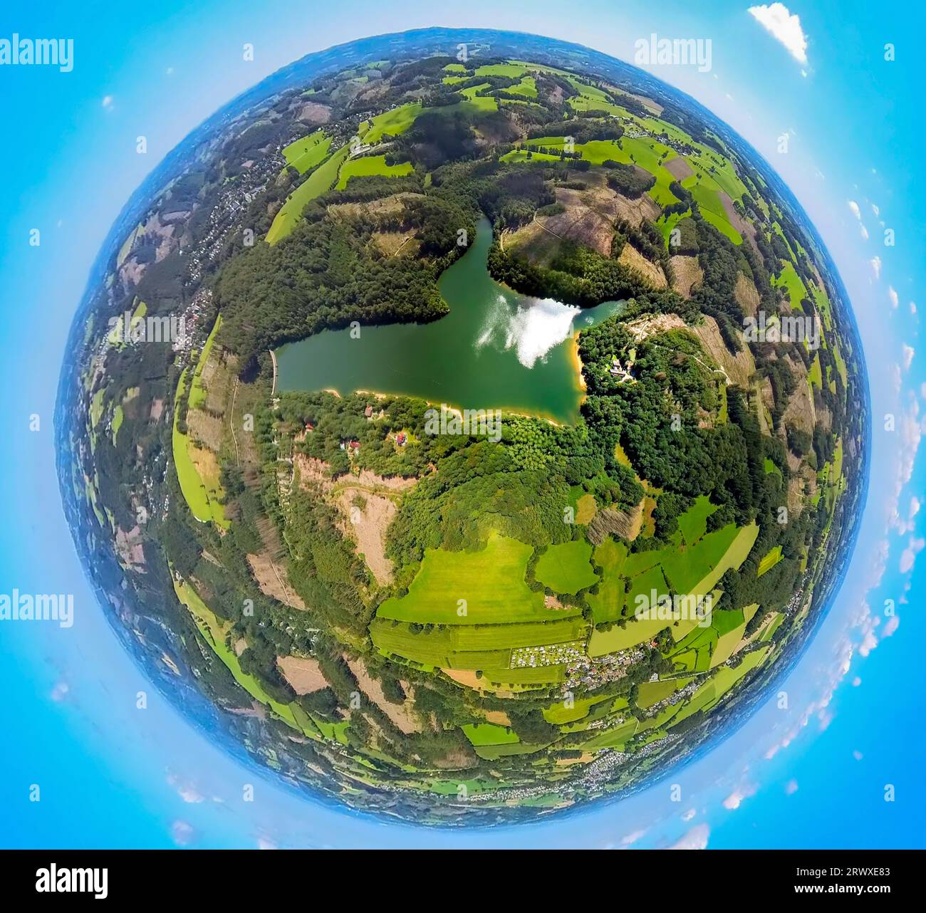 Aerial view, Glörtalsperre in hilly landscape, forest area with forest ...