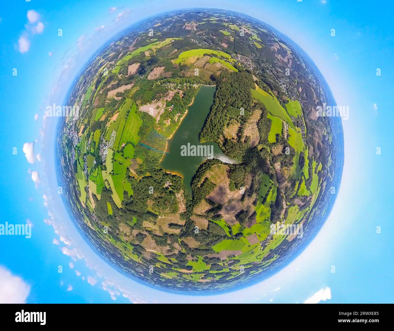 Aerial view, Glörtalsperre in hilly landscape, forest area with forest ...