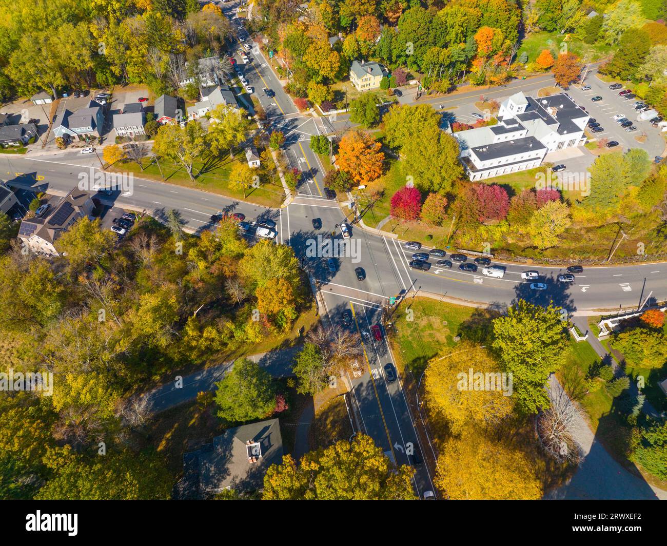 Wayland historic town center aerial view in fall with fall foliage at ...