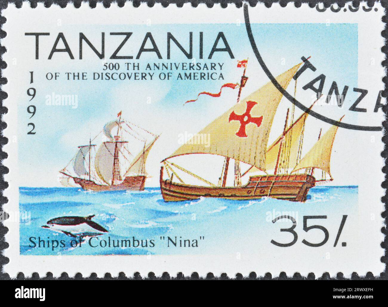 Cancelled postage stamp printed by Tanzania, that shows Nina sailing ...