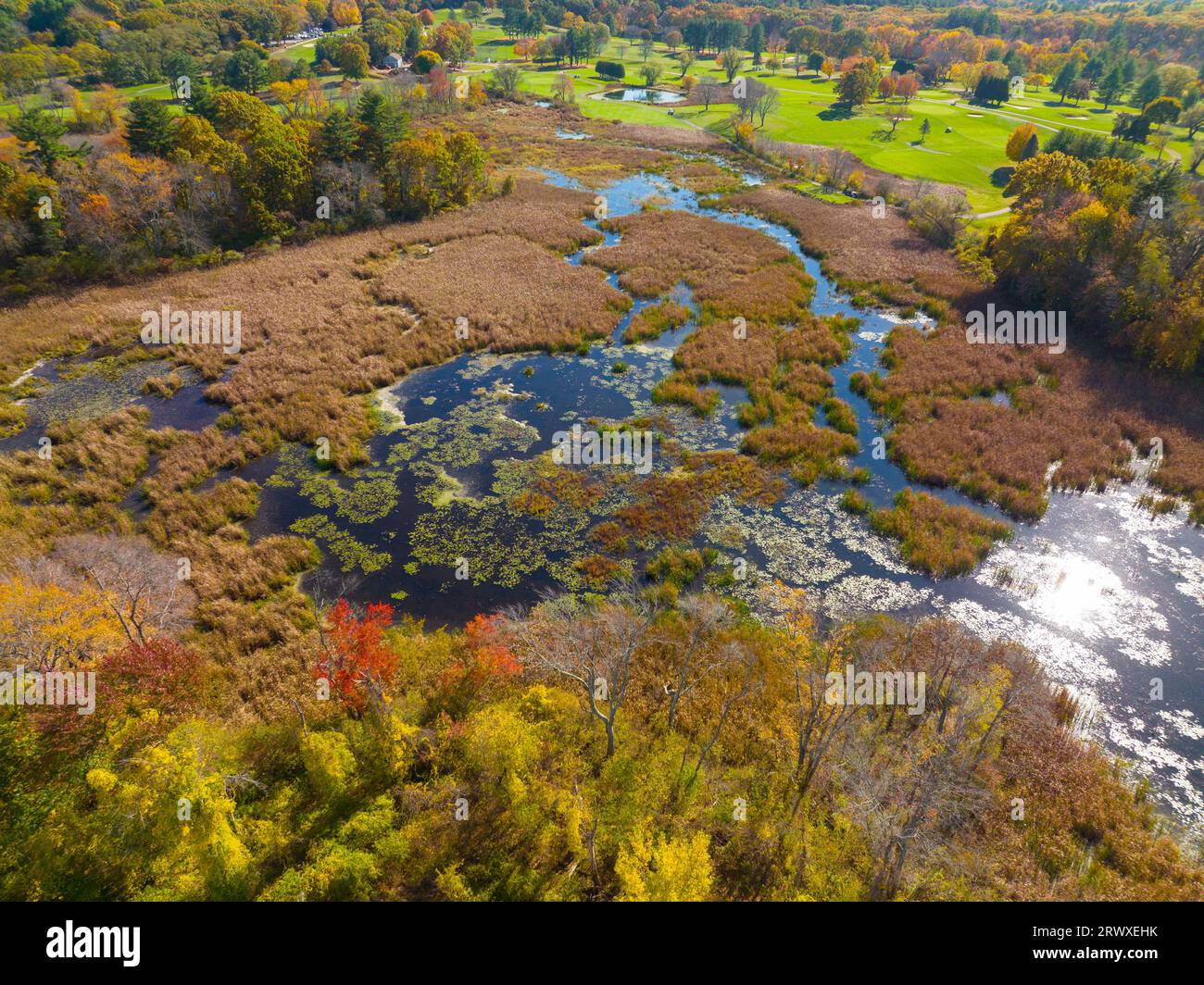 Pine Brook marsh aerial view in fall with fall foliage in town center ...