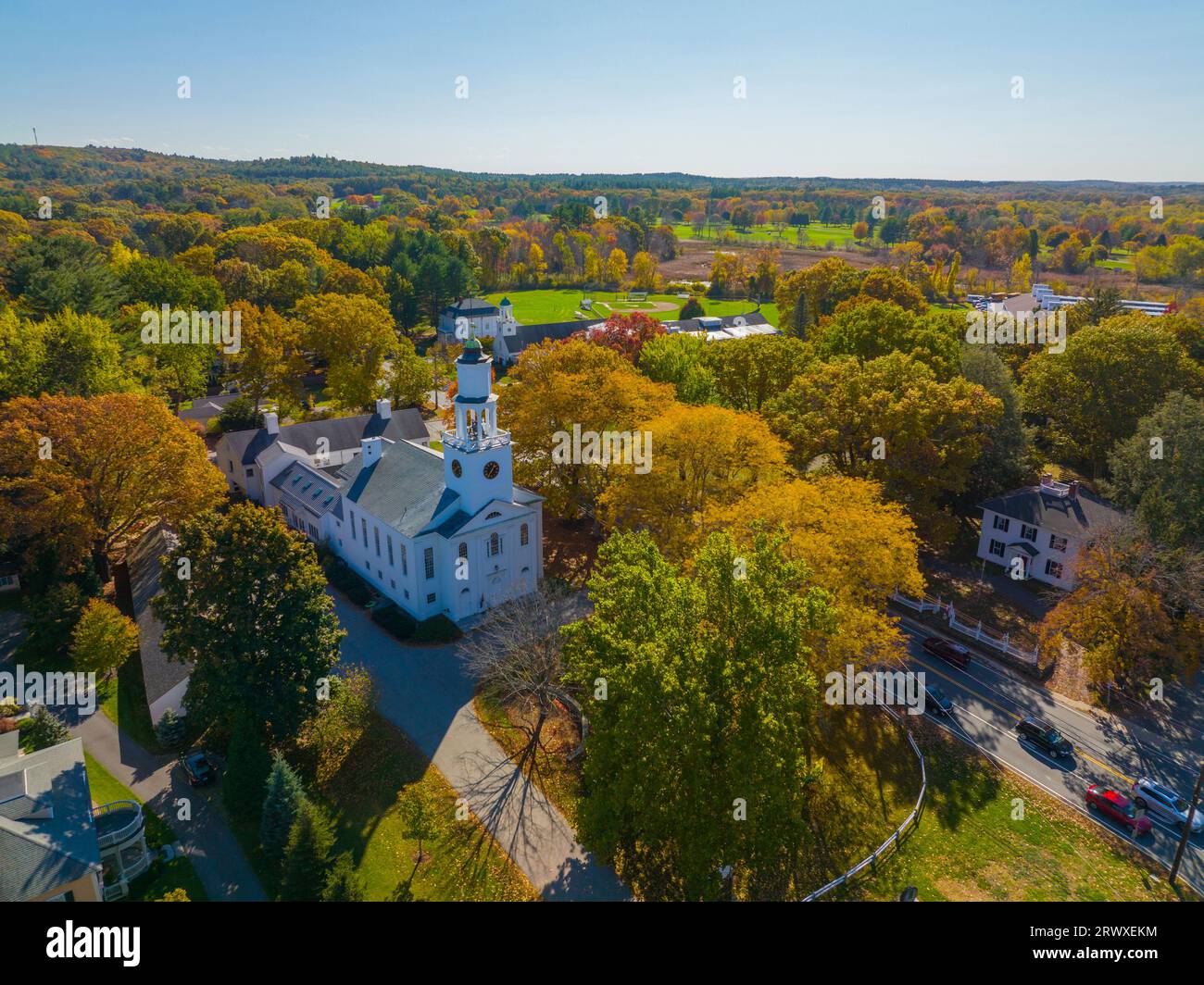 First Parish Church aerial view in fall with fall foliage at 225 Boston ...