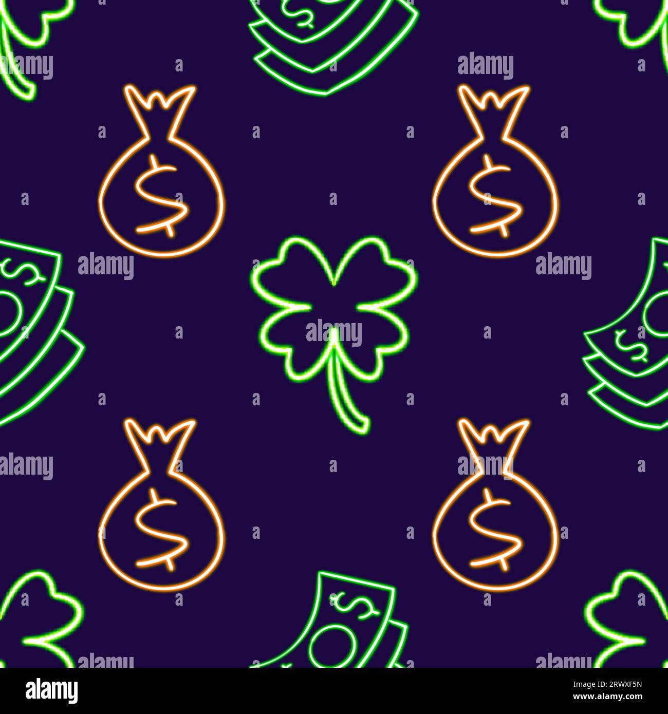 Neon Finance Seamless Pattern, Glowing Dollar Bills and Money Bag ...