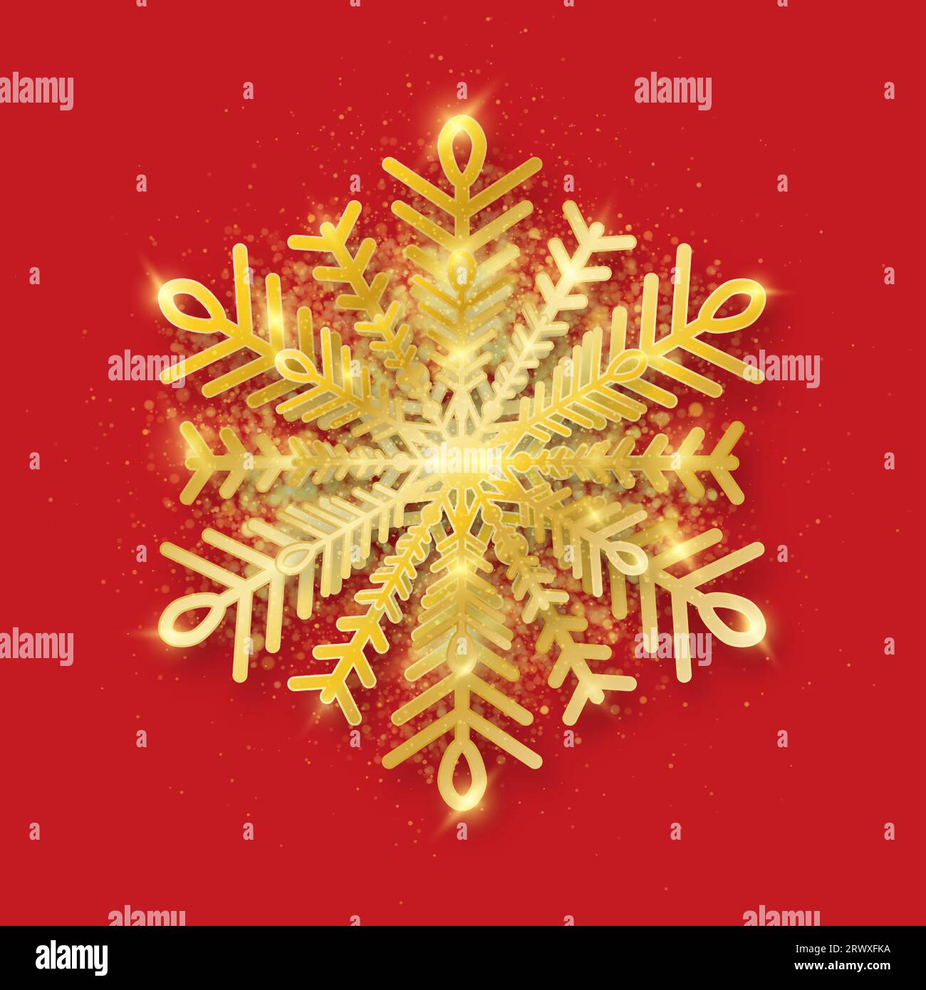 Golden snowflake with bright sparkle and sparkles on a red background ...