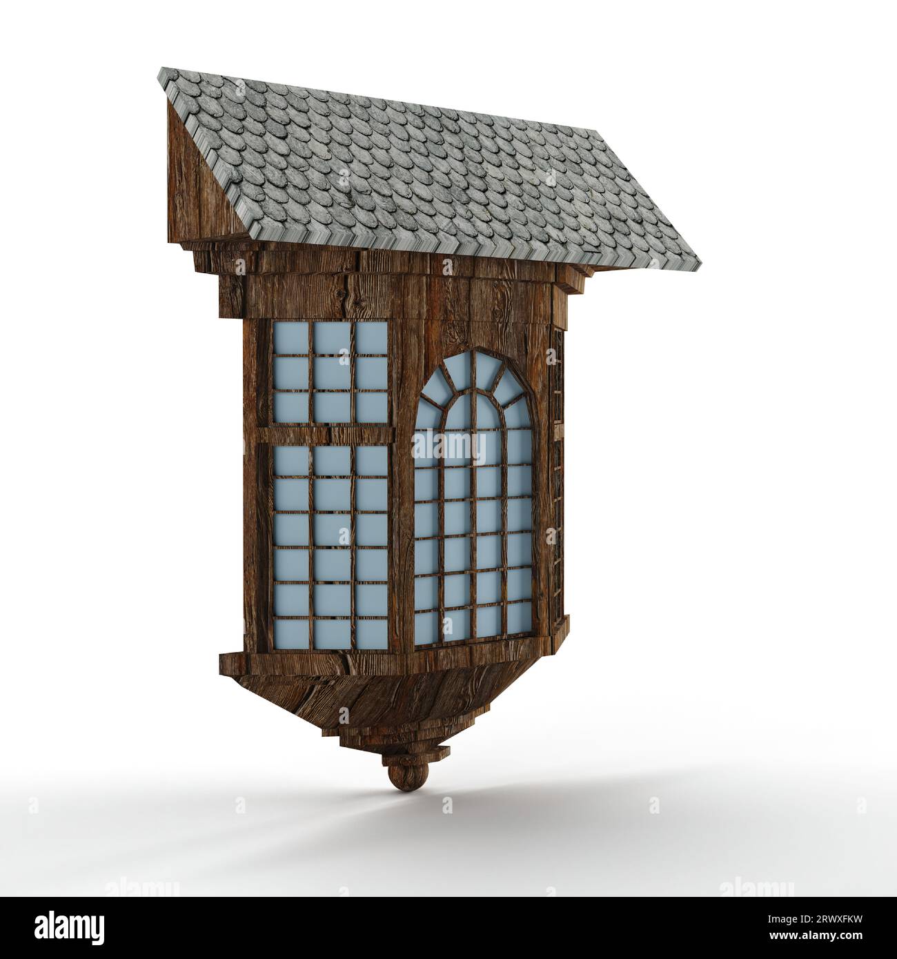 A 3D rendered illustration of a pair of old-style wooden windows on a ...