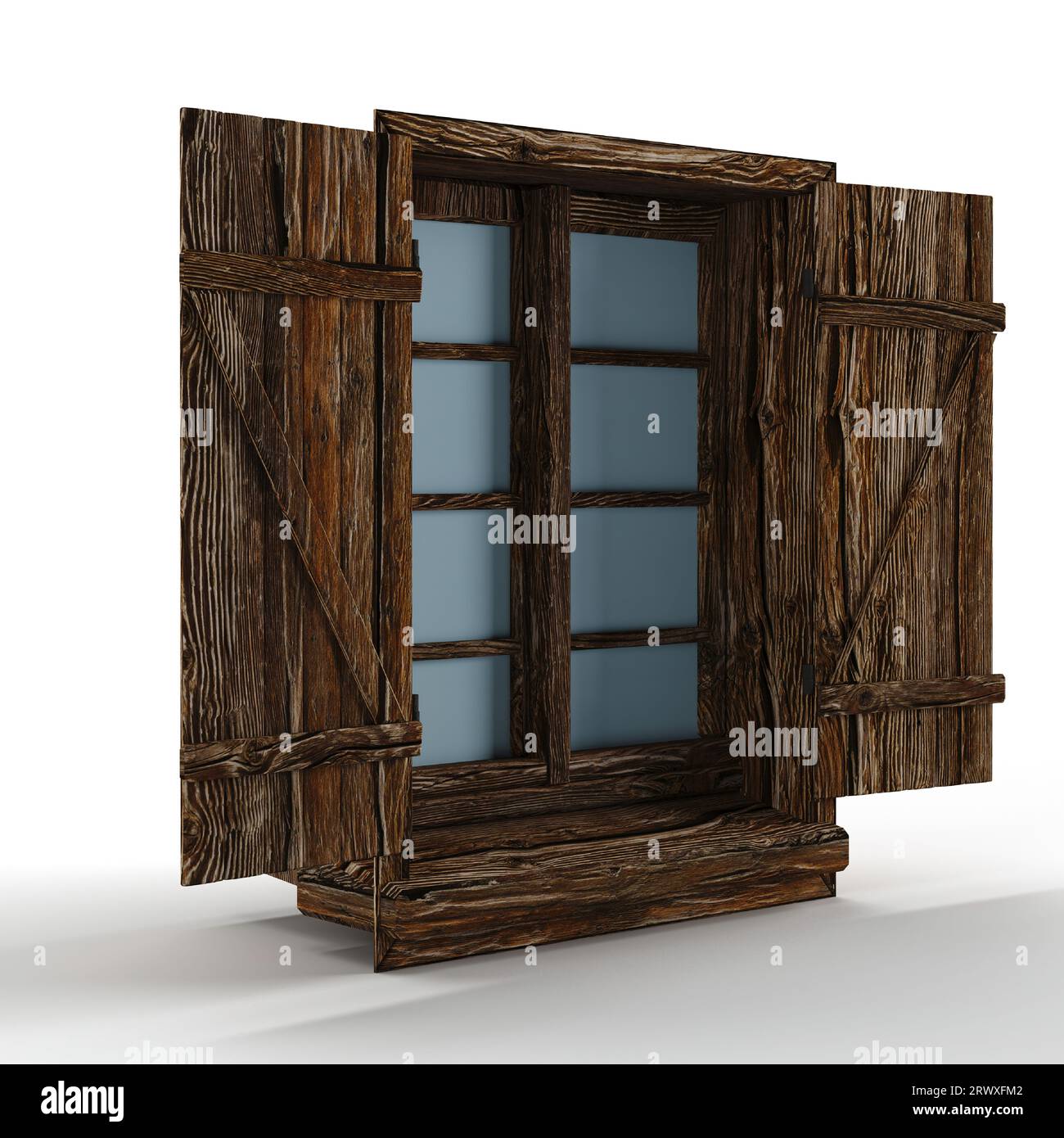 A 3D rendered illustration of a pair of old-style wooden windows on a ...