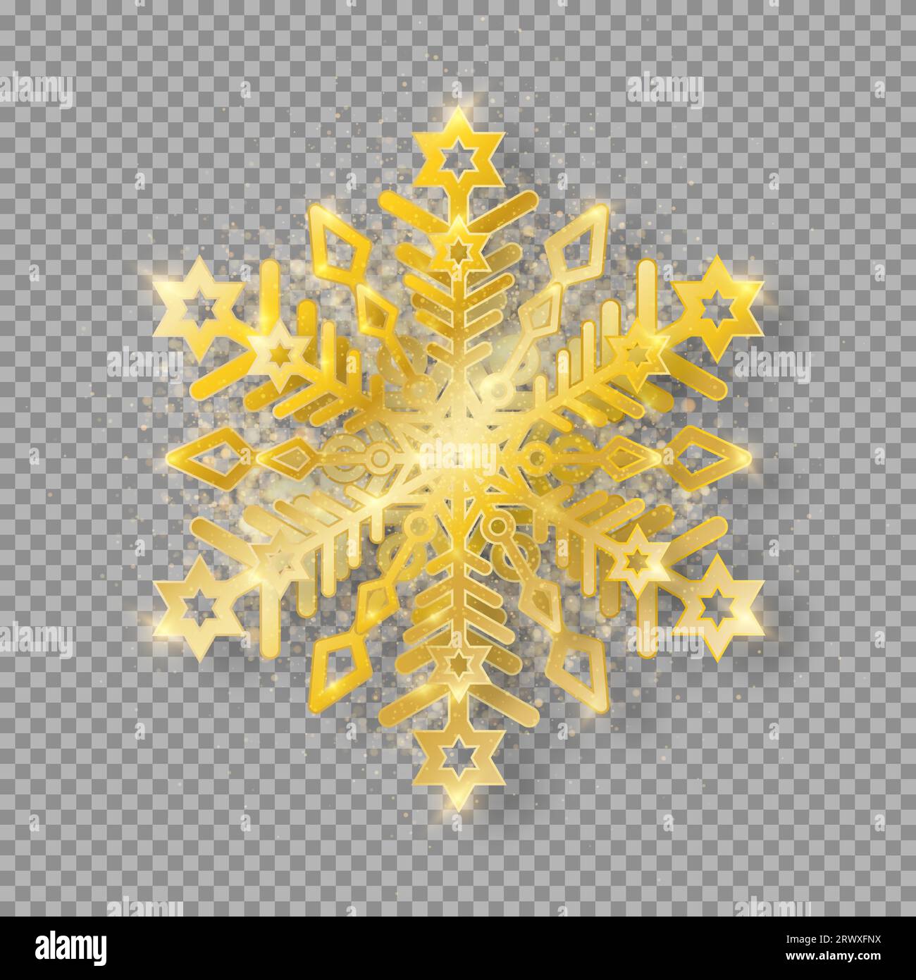 Golden snowflake with bright sparkle and sparkles on a transparent ...