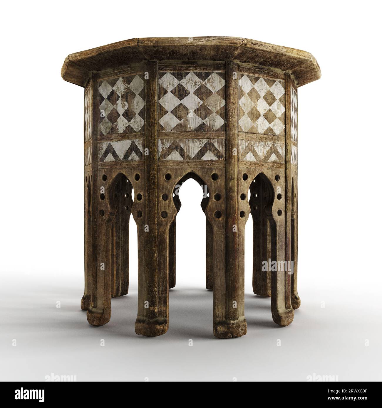 A 3D rendering of a wooden gazebo with checkered patterns on a white ...
