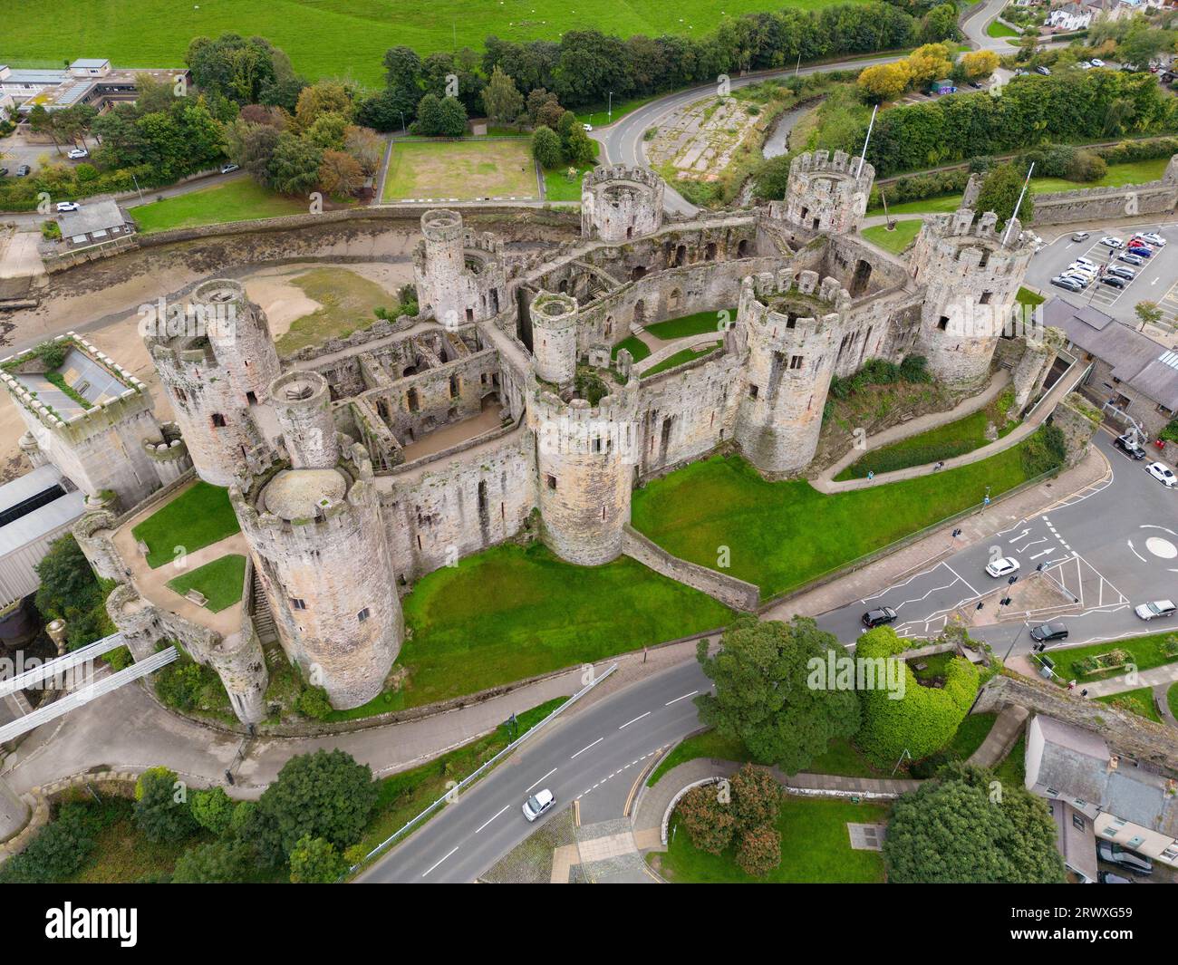 Aerial view of Conwy Castle in the town of Conwy in North Wales. It was ...