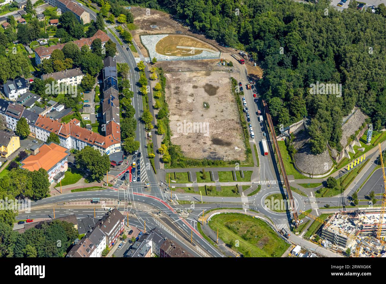 Aerial view, construction site in Westpark, road crossing and road ...