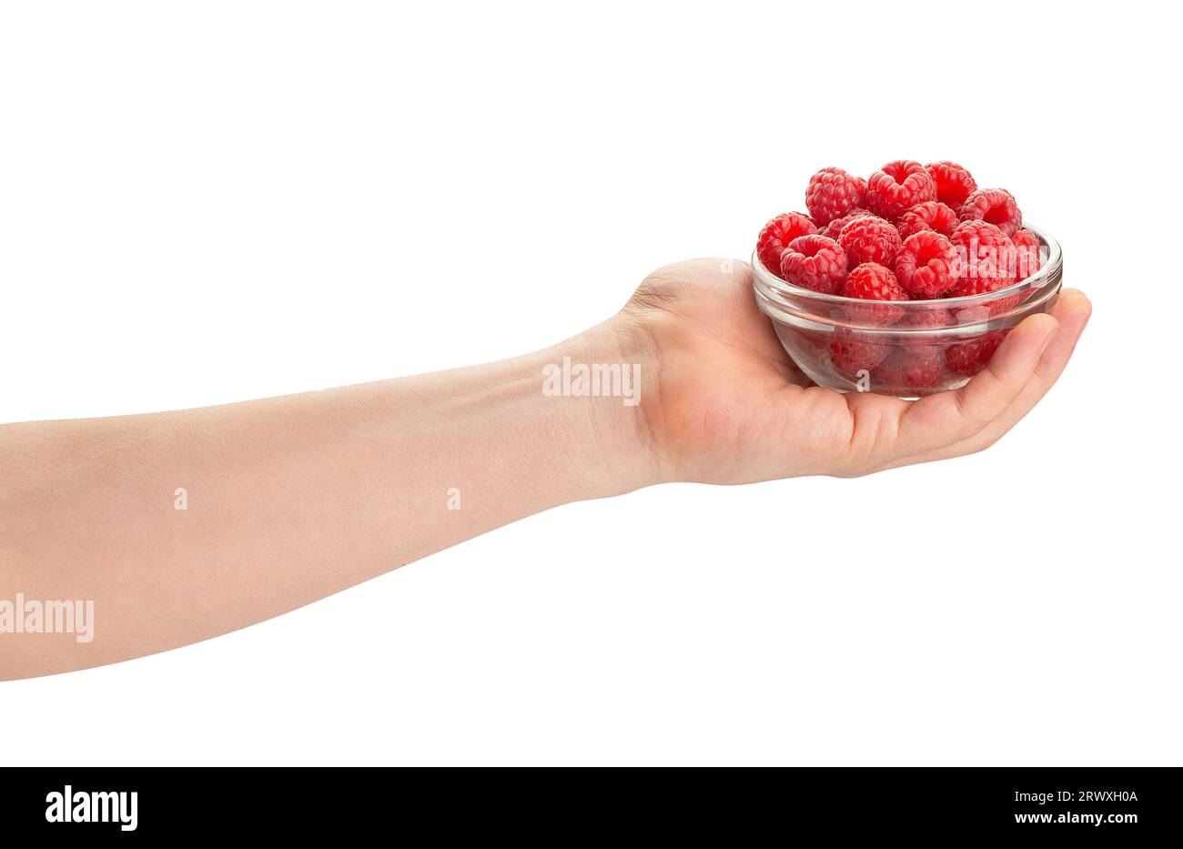 raspberry bowl in hand path isolated on white Stock Photo - Alamy