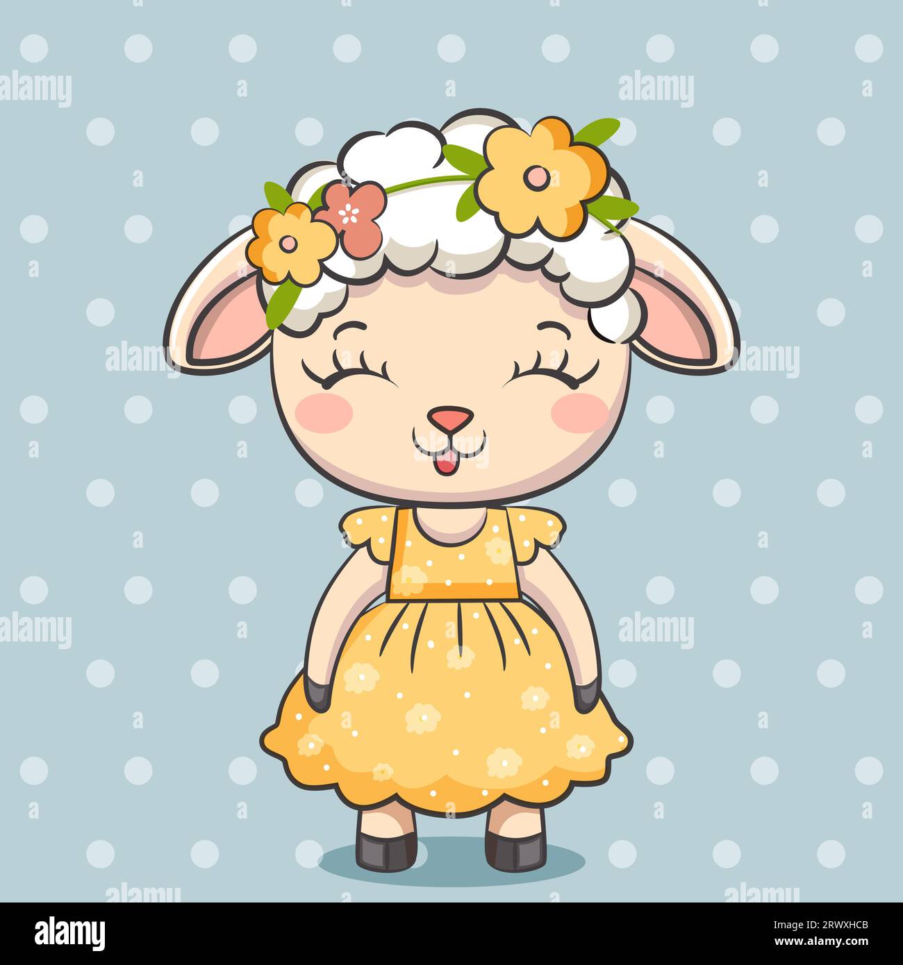Cute cartoon baby sheep girl with flower wreath. Vector illustration ...