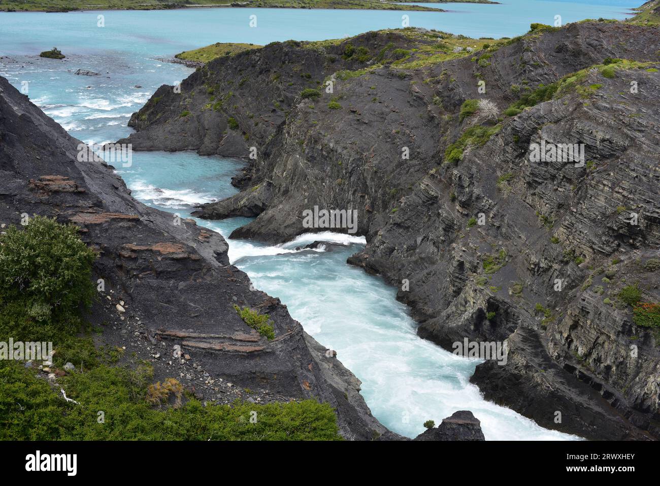 Torres del Paine National Park. Paine River and Lago Pehoe. Provincia ...