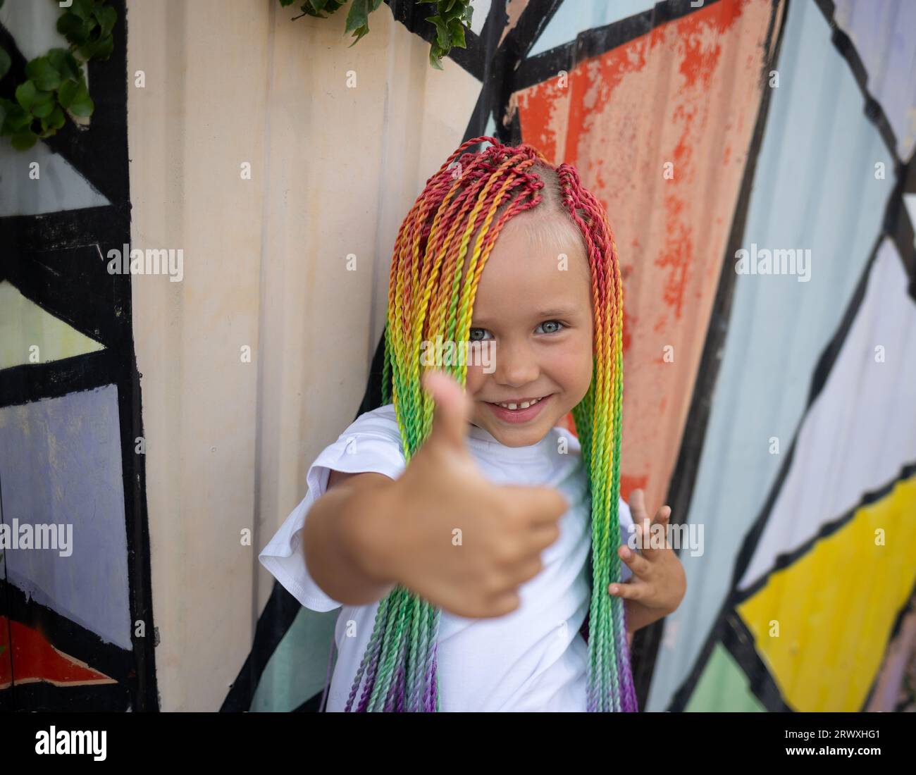 portrait of a little beautiful girl with multi-colored African braids ...