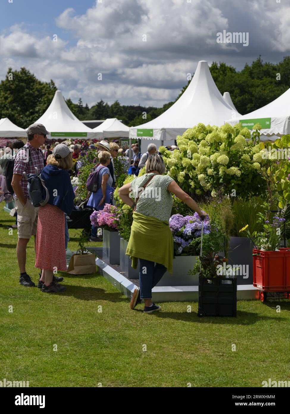 Visitors & trade stands (people view showground exhibitor's display, plants in box trolleys ...