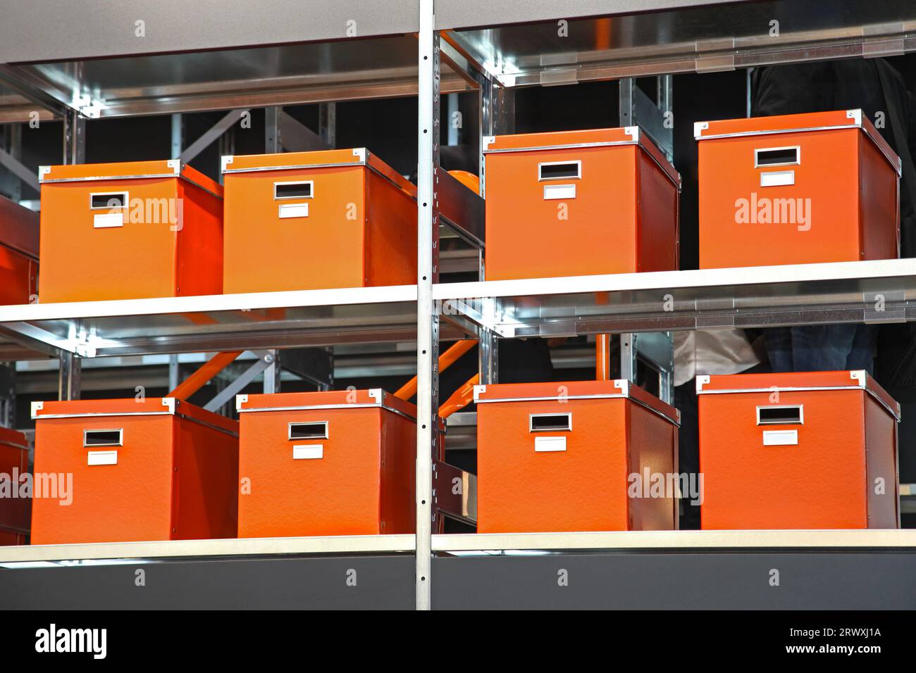 Orange Boxes With Documents at Big Metal Shelf in Storage Room Stock ...