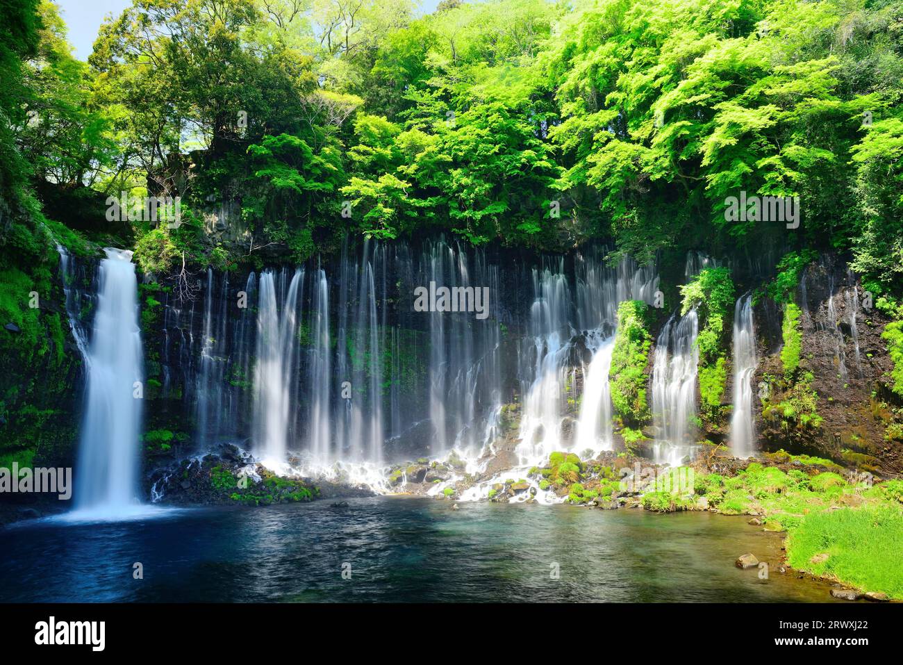 The main waterfall and waterfall basin at Shiraito Falls in Shizuoka ...