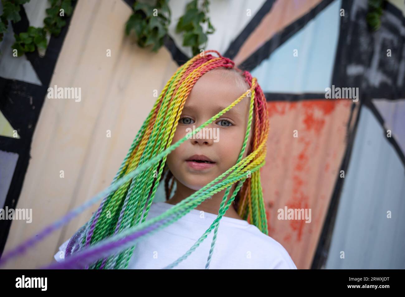 portrait of a little beautiful girl with multi-colored african braids ...