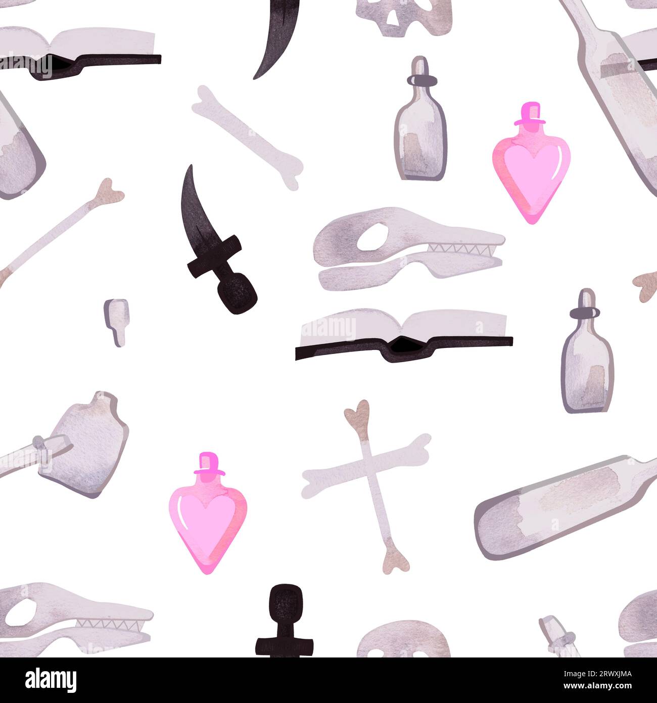 Witch seamless pattern. Skulls, bones, flasks and potions, a book, a ...