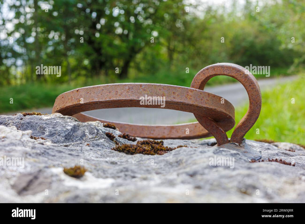 Metal ring and eye fixed to a large heavy bolder for rock climbing ...
