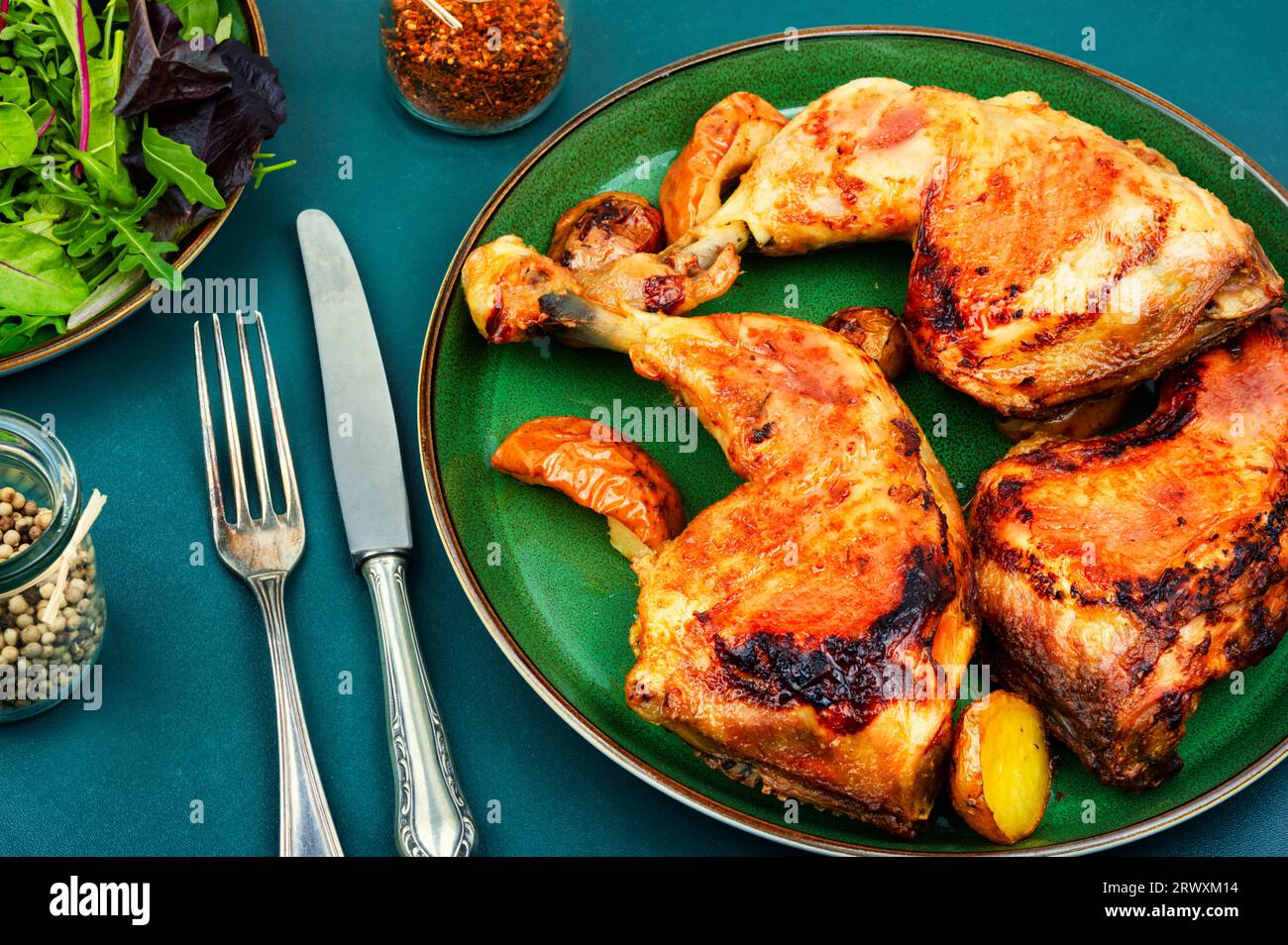Tasty barbecue chicken meat. Fried chicken legs quarters Stock Photo ...