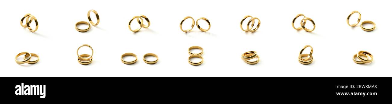 Engagement shiny smooth gold rings set of views isolated white ...