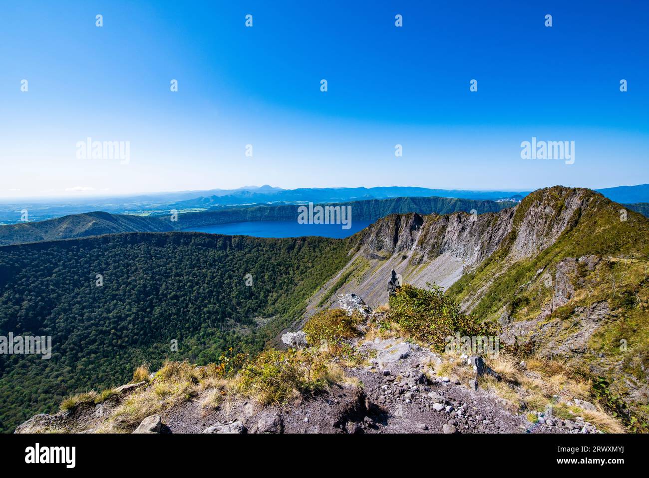 Lake Mashu and the Explosion Crater viewed from the summit of Mt Stock ...
