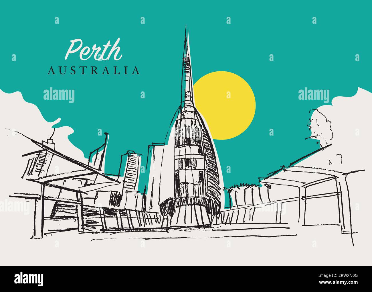 Vector hand drawn sketch illustration of the Swan Bells, a modern bell tower in Perth, Western ...