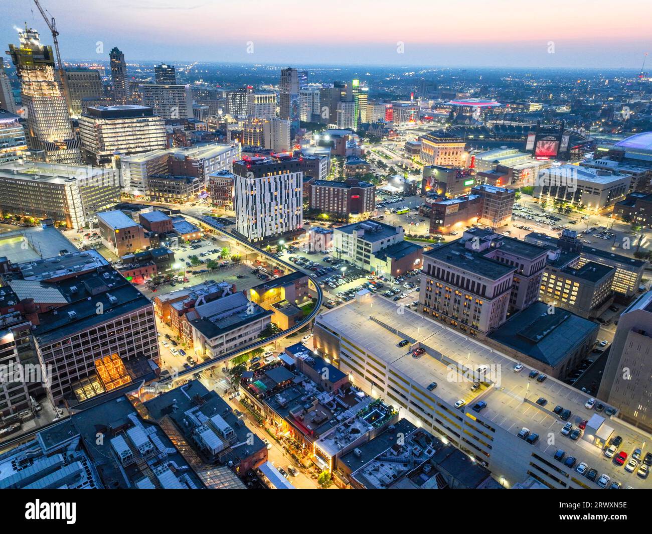 This aerial view of downtown Atlanta, Georgia at dusk features the ...