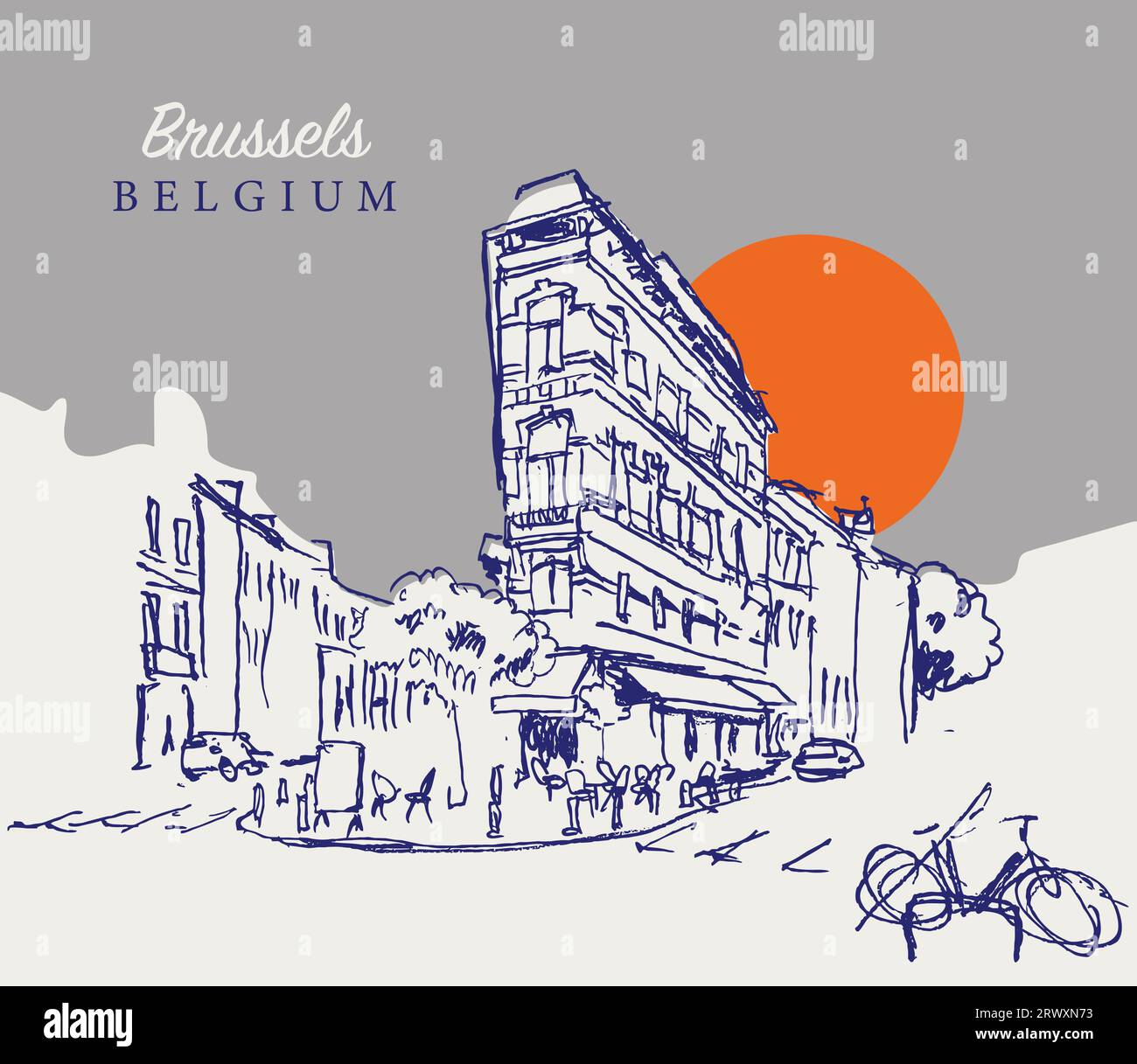 Vector hand drawn sketch illustration of a street in Brussels, Belgium ...