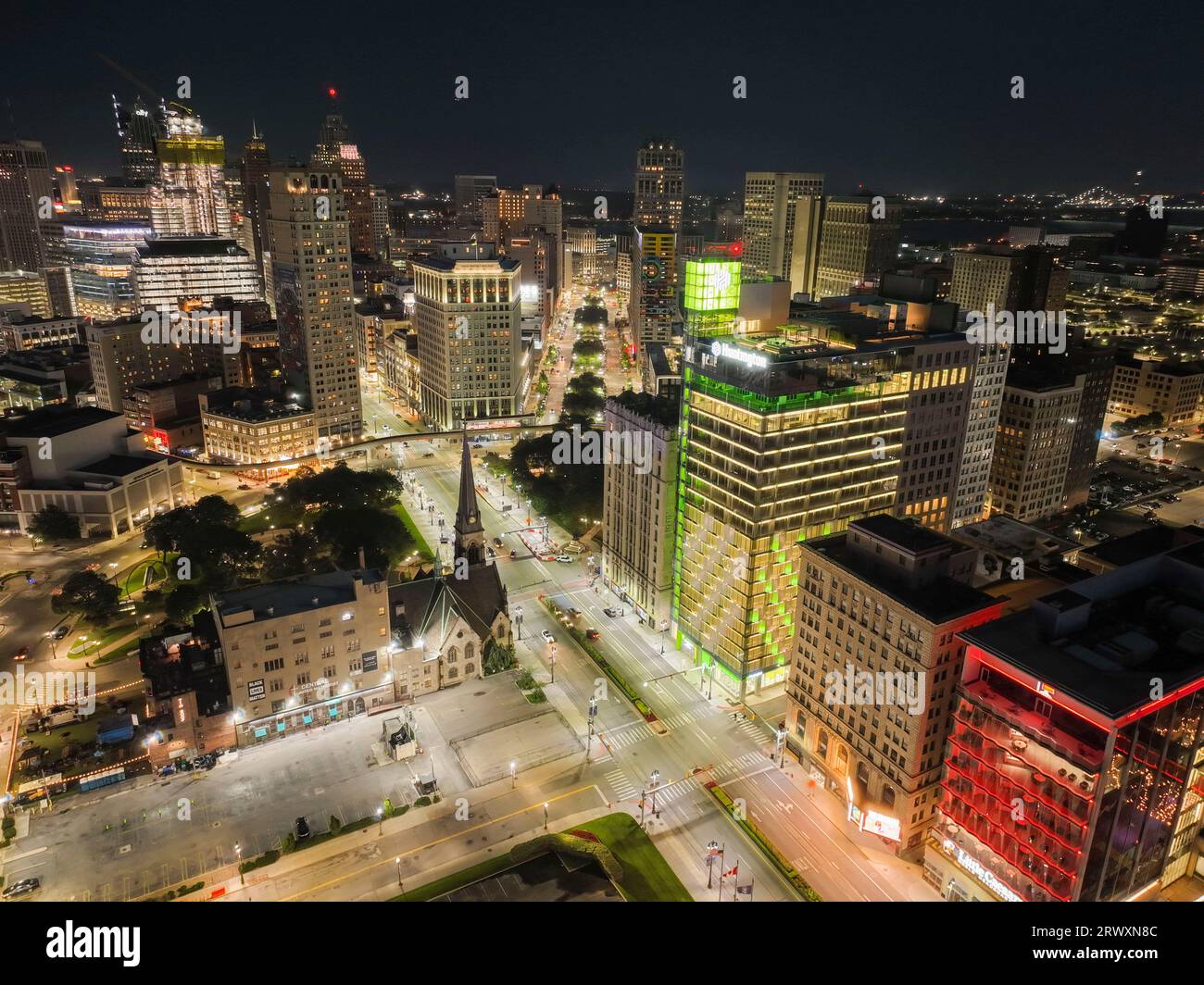 An aerial view of a bustling cityscape featuring prominent ...