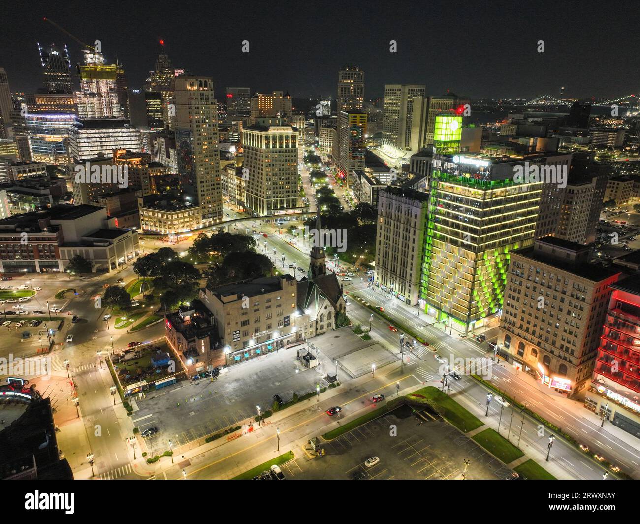 An aerial view of a bustling cityscape featuring prominent ...