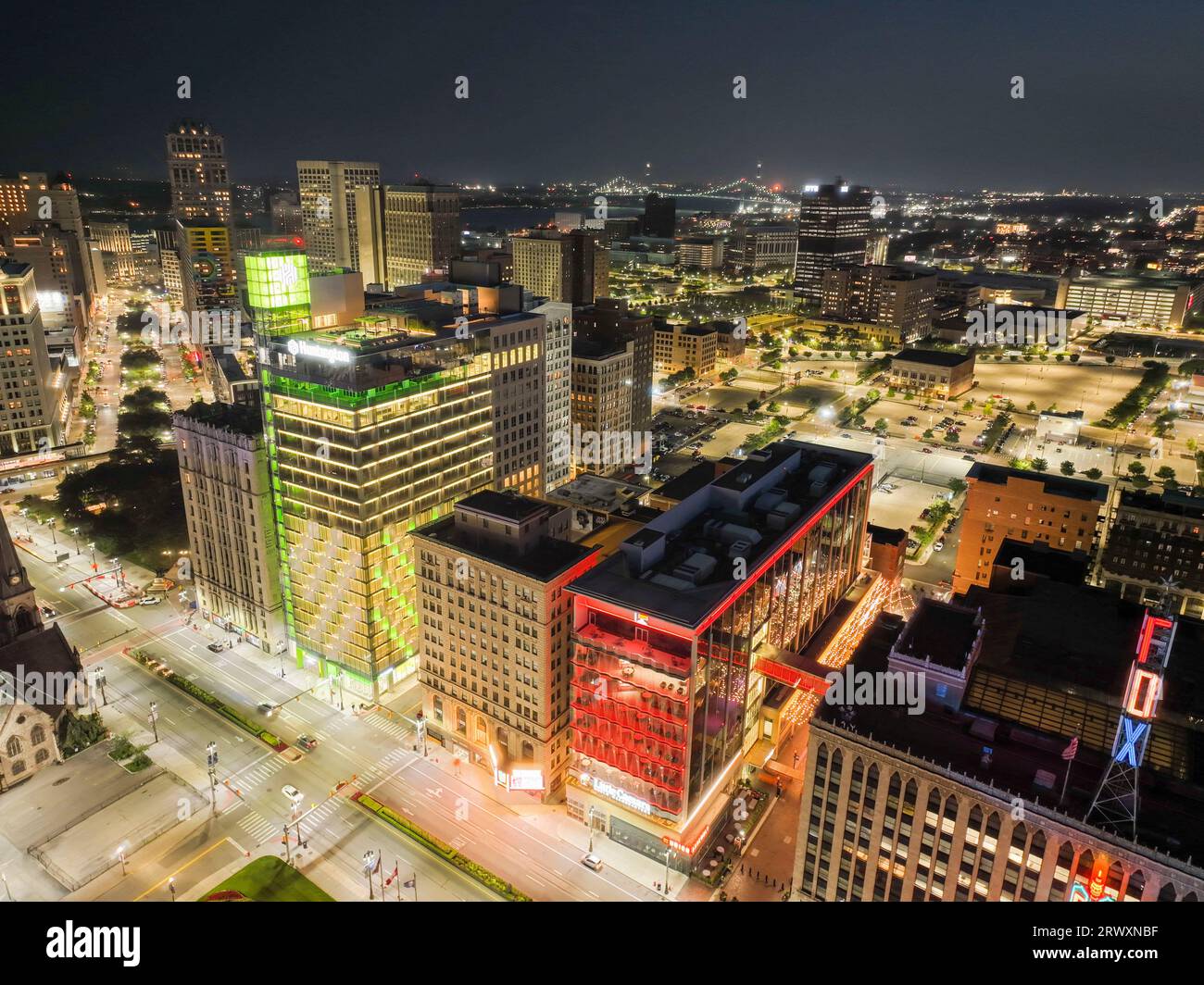 An aerial view of a bustling cityscape featuring prominent ...