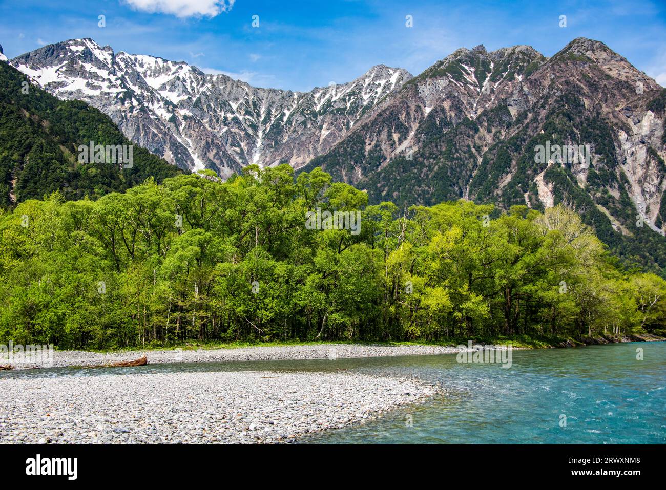 Kamikochi: New green Hotaka mountain range and Azusa River Stock Photo ...